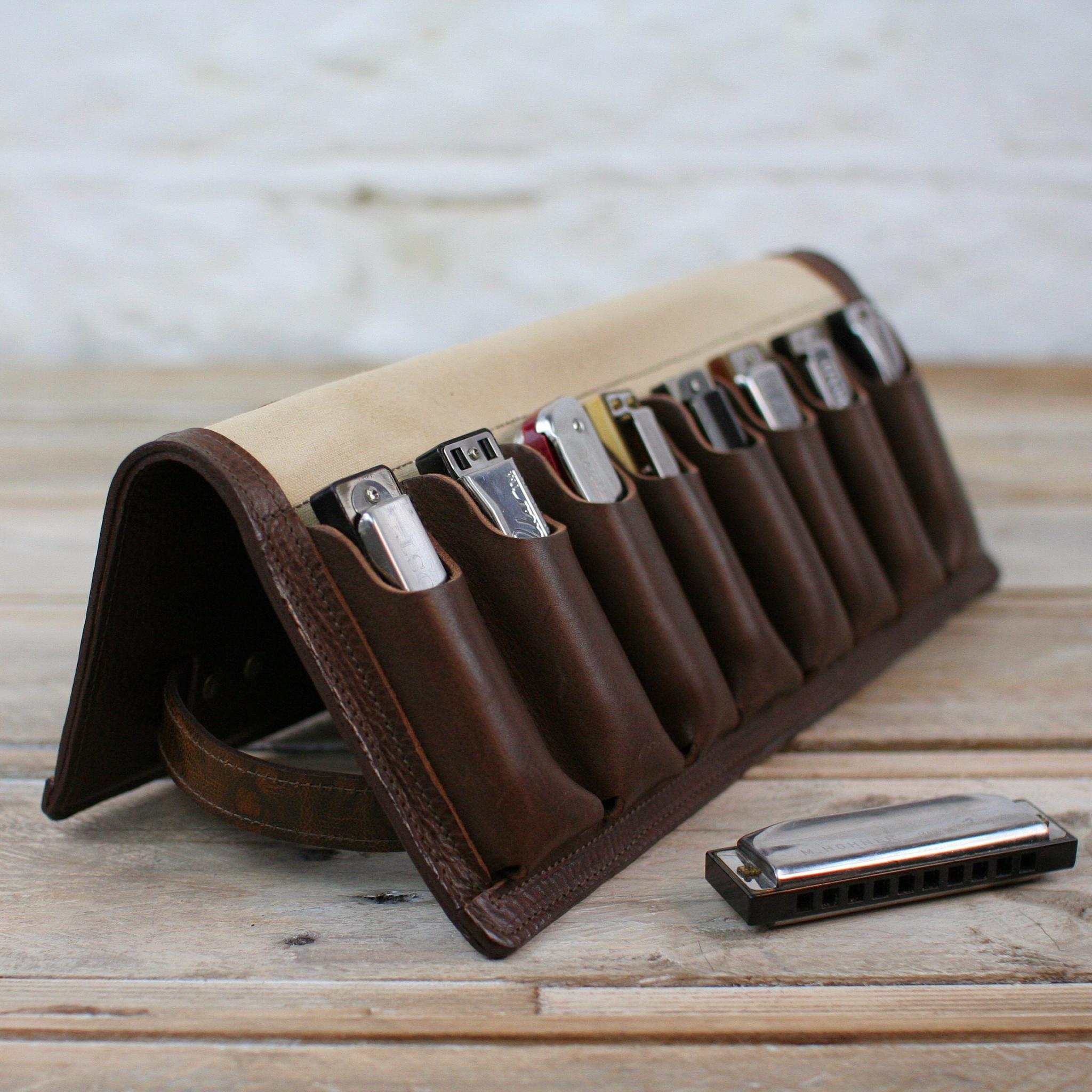 Sixteen-Pack Leather Harmonica Case by Pinegrove Leather